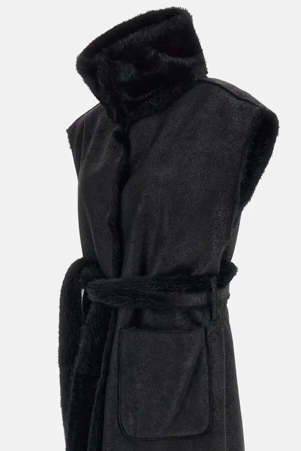 STAND STUDIO Oaklynn Long Faux Fur Vest With Belt - Multicolor