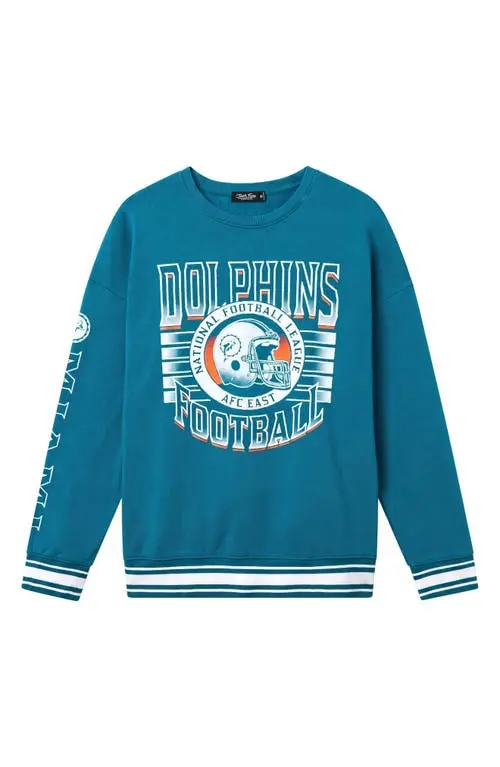 Junk Food Miami Dolphins Oversize Striped Rib Fleece Crewneck Sweatshirt - Teal