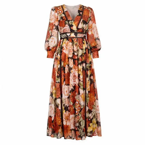 SANTE GRACE Autumn Queen Maxi Dress – Floral Chiffon