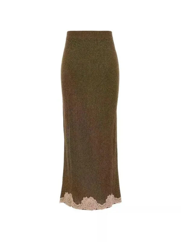 Valentino Garavani Lace-trim Ribbed-knit Midi Skirt - Brown