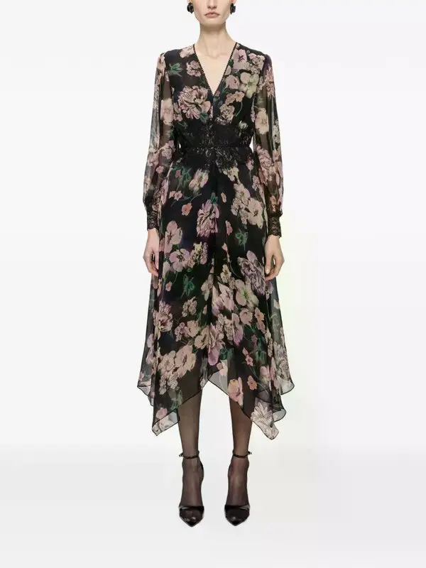NISSA Lace Insert Chiffon Midi Dress