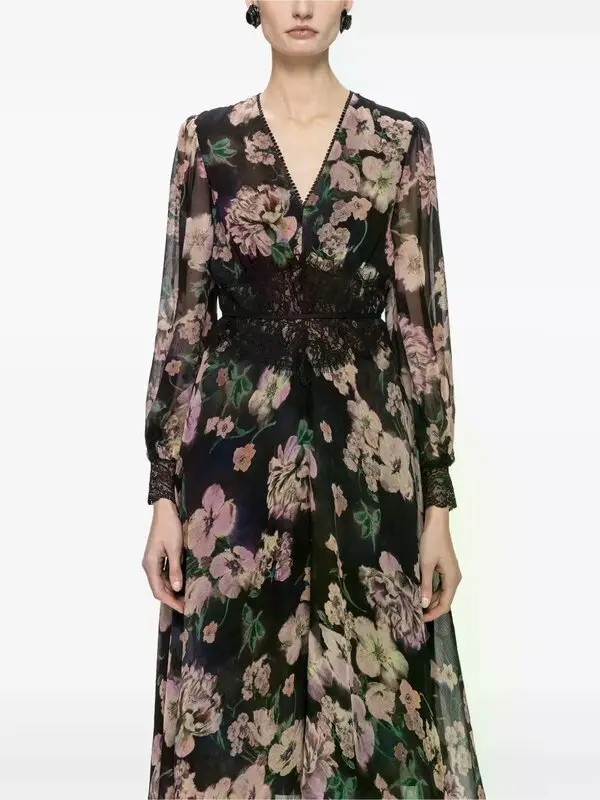 NISSA Lace Insert Chiffon Midi Dress - Black