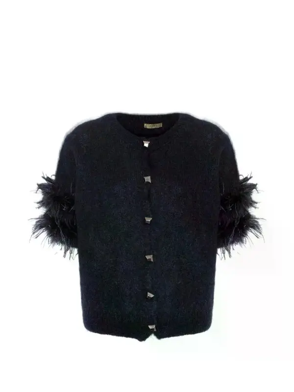 Pho Firenze Feather-trim Short-sleeve Cardigan - Black