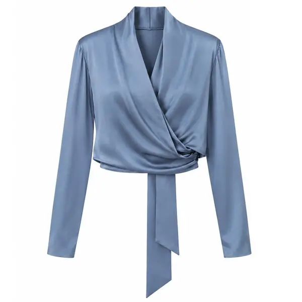 BELSIZE25 Dusty Satin Draped Wrap Blouse - Blue