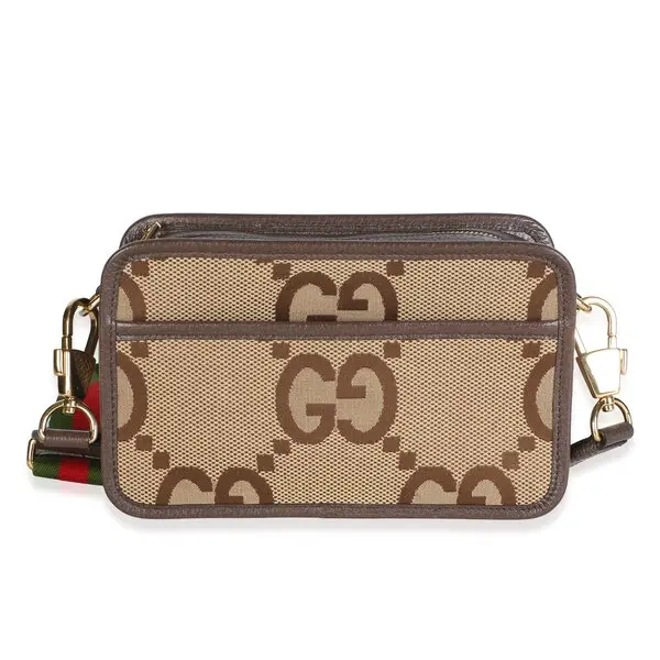 Gucci Camel Jumbo Gg Canvas Textured Dollar Calfskin Web Messenger Bag - Brown