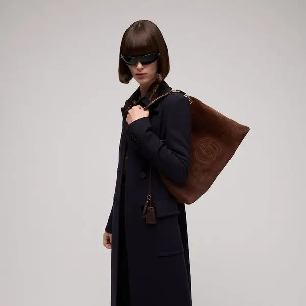 Gucci Large Shoulder Bag With Double G Detail Suede