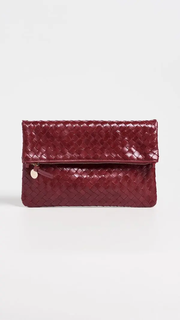Clare V. Medium Woven Diagonal Foldover Clutch - Garnet