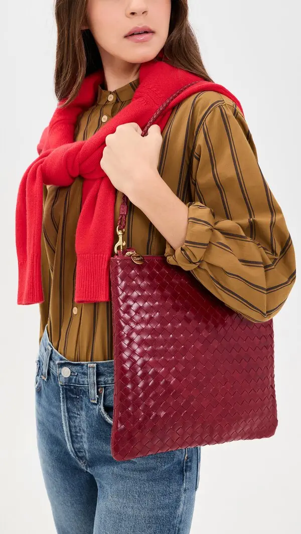Clare V. Medium Woven Diagonal Foldover Clutch - Garnet