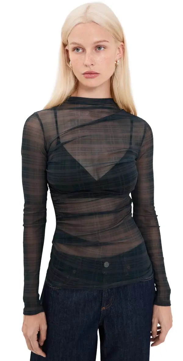 ENZA COSTA Mesh Long Sleeve Twist Top In Plaid