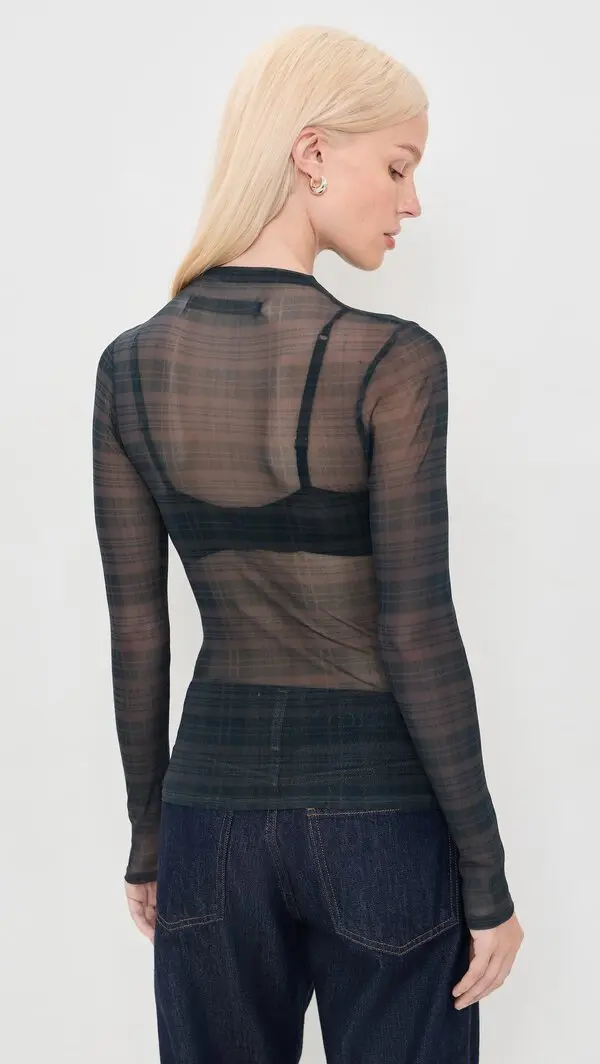 ENZA COSTA Mesh Long Sleeve Twist Top In Plaid