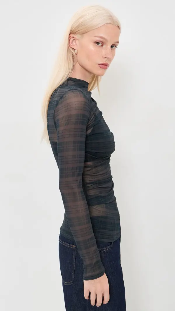 ENZA COSTA Mesh Long Sleeve Twist Top In Plaid