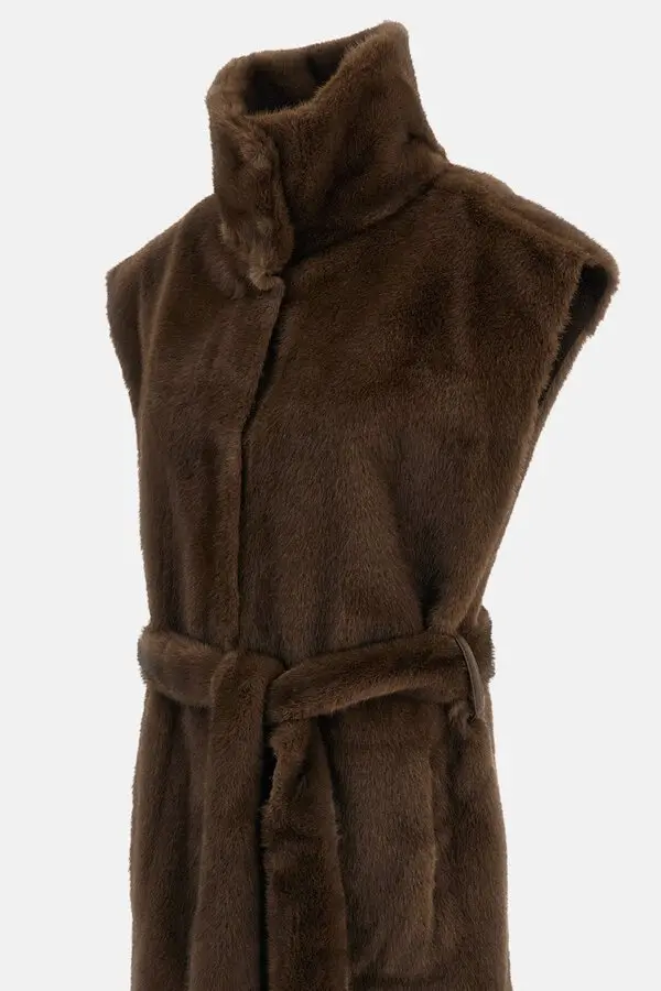 STAND STUDIO Gilet Lungo Oaklynn In Eco-pelliccia Con Cintura - Brown