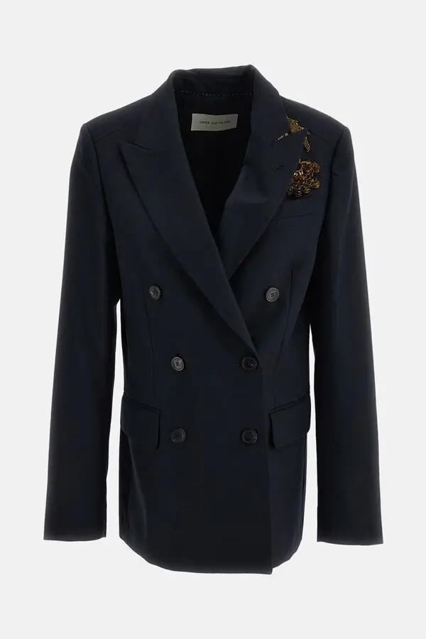 Dries Van Noten Blazer Doppiopetto In Lana Con Ricami - Blu