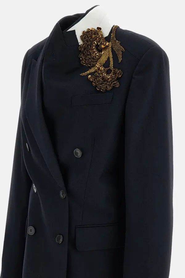 Dries Van Noten Blazer Doppiopetto In Lana Con Ricami - Blu