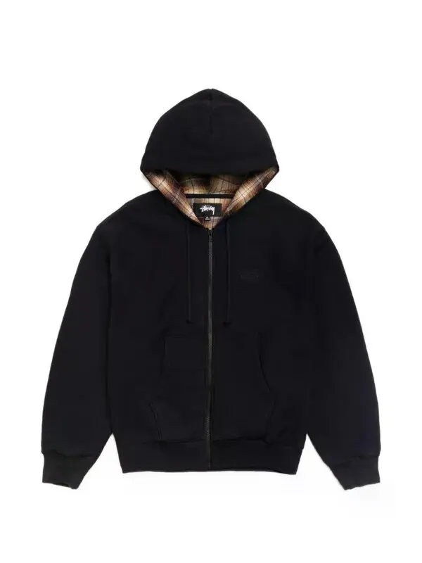 StÜssy Plaid-lined Logo-embroidered Hoodie - Black