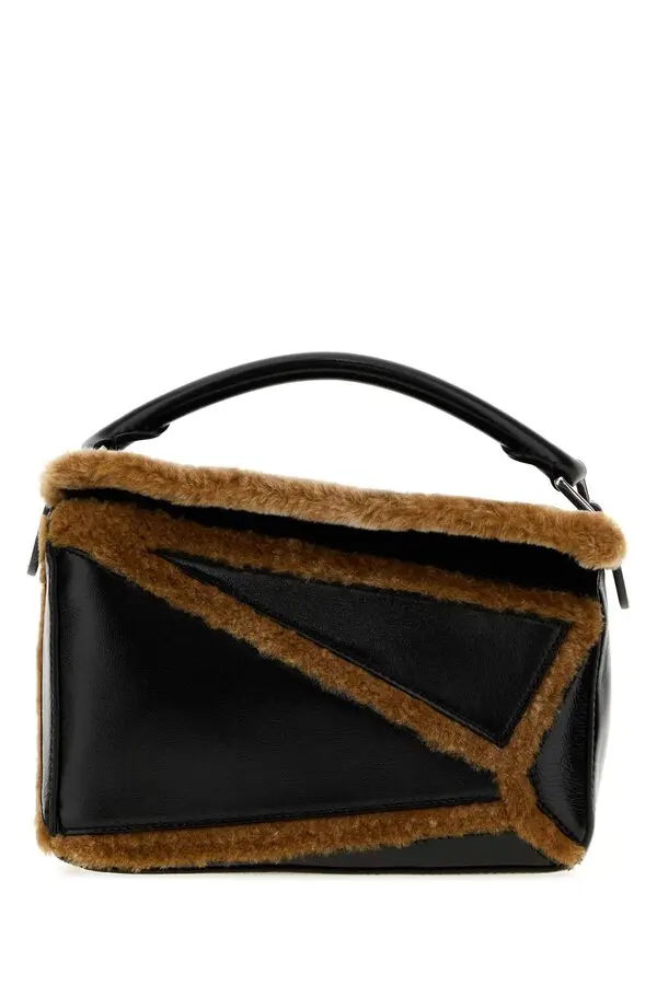 LOEWE Two-tone Leather And Shearling Small Puzzle Handbag