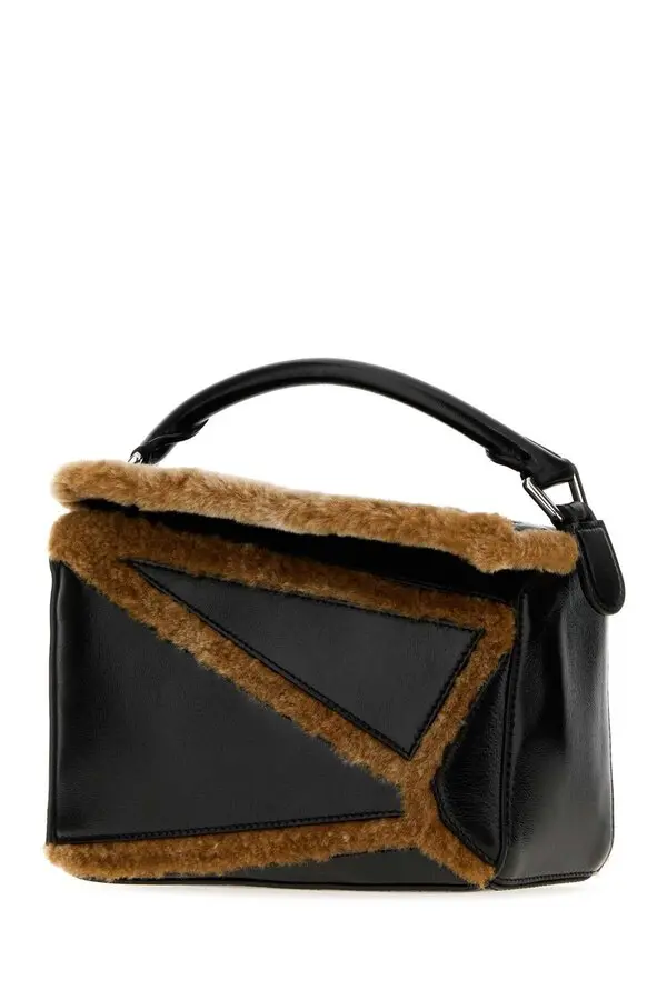 LOEWE Two-tone Leather And Shearling Small Puzzle Handbag