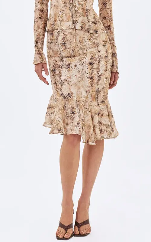 MISS CIRCLE NEW YORK Umarah Reptile Print Asymmetrical Ruffled Skirt - Beige