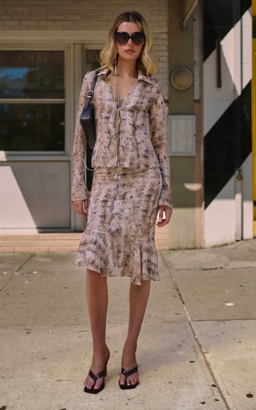 MISS CIRCLE NEW YORK Umarah Reptile Print Asymmetrical Ruffled Skirt - Beige