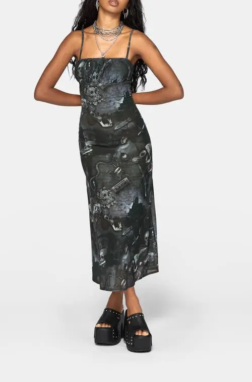 DISTURBIA Nox Print Mesh Ruched Bust Cami Dress