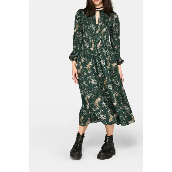 DISTURBIA Renard Print Smocked Keyhole Midi Dress