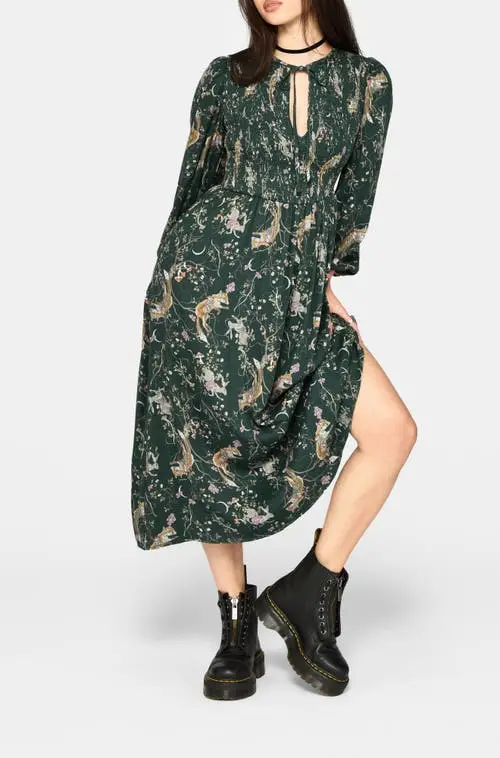 DISTURBIA Renard Print Smocked Keyhole Midi Dress
