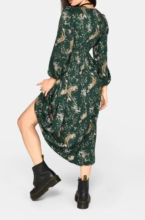 DISTURBIA Renard Print Smocked Keyhole Midi Dress