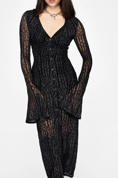 DISTURBIA Riven Flocked Ruched Front Midi Dress