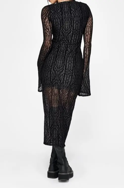 DISTURBIA Riven Flocked Ruched Front Midi Dress