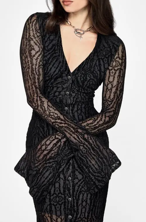 DISTURBIA Riven Flocked Ruched Front Midi Dress