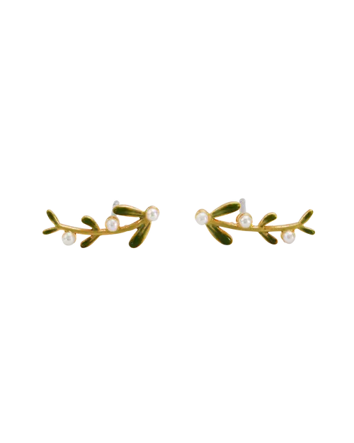 FABLE ENGLAND Niva Mistletoe & Pearl Climber Earrings - Gold