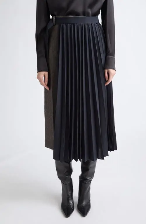 Sacai Herringbone & Pleated Midi Skirt - Brown/navy