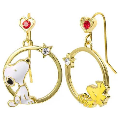 PEANUTS Woodstock And Snoopy Mismatch Dangle Hoop Earrings For - Gold