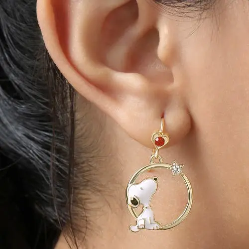 PEANUTS Woodstock And Snoopy Mismatch Dangle Hoop Earrings For - Gold