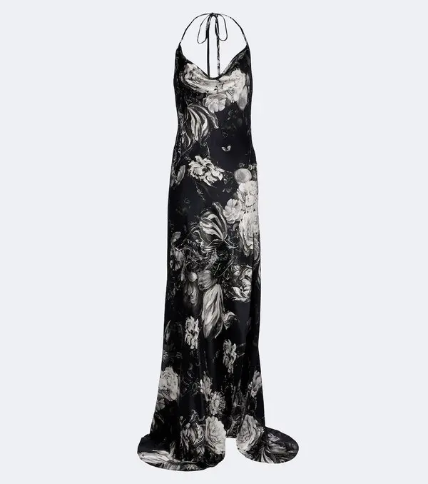 Roberto Cavalli Floral Halterneck Silk Maxi Dress - Black