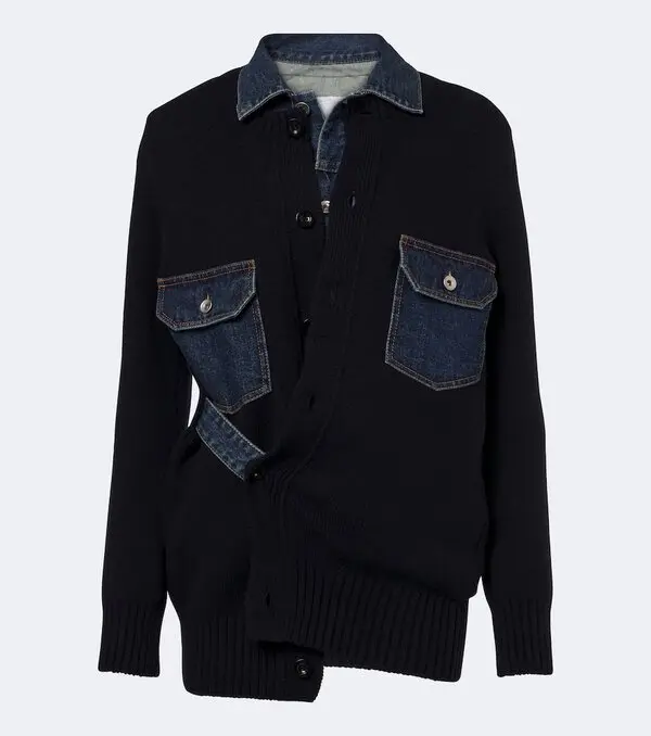 Sacai Layered Wool-blend And Denim Cardigan
