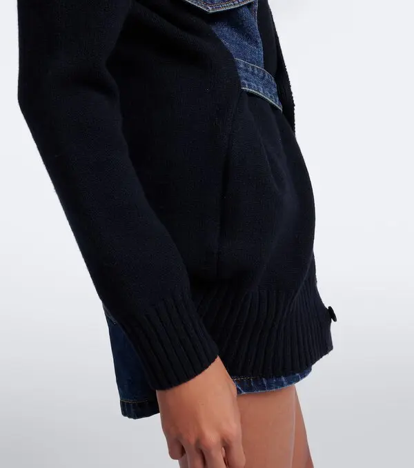 Sacai Layered Wool-blend And Denim Cardigan