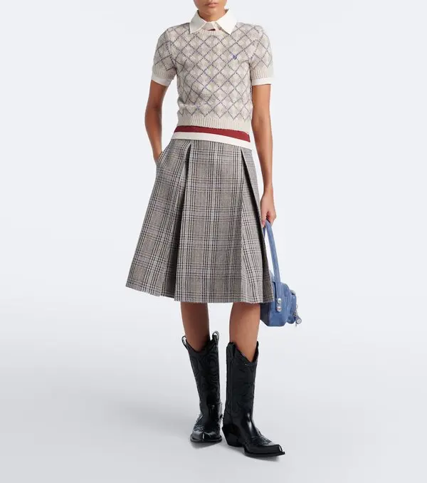 Acne Studios Checked Pleated Wool Midi Skirt