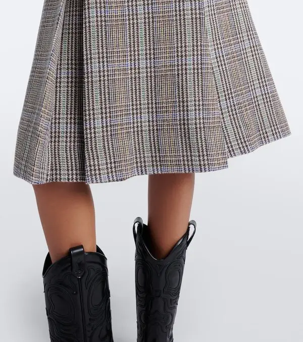 Acne Studios Checked Pleated Wool Midi Skirt