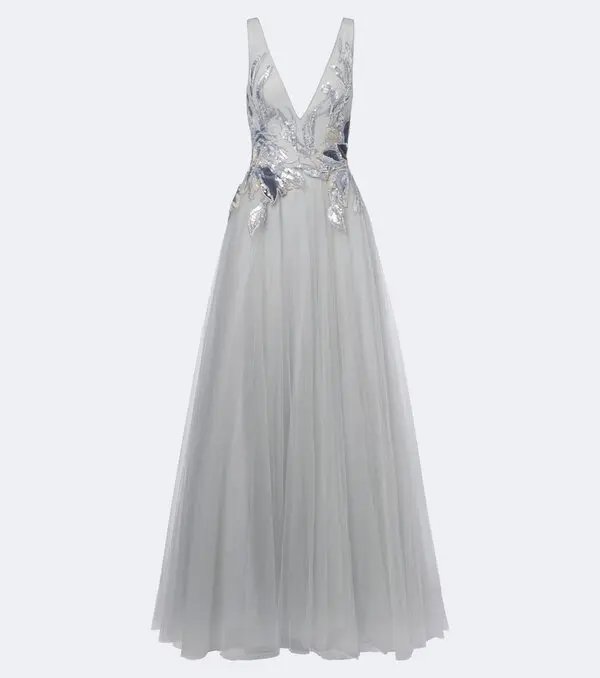 Costarellos Vianna Embellished Tulle Gown - Blue