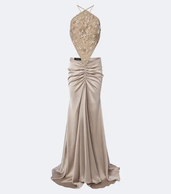 GEORGES HOBEIKA Embellished Gathered Open-back Satin Gown