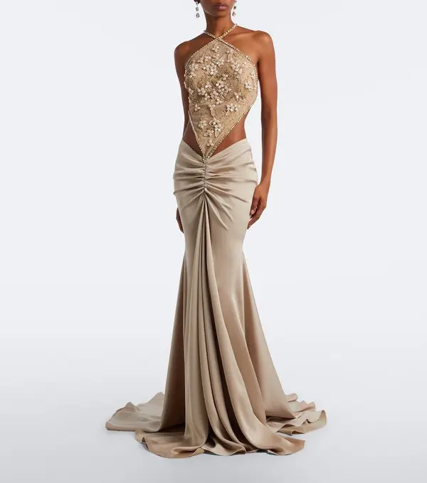 GEORGES HOBEIKA Embellished Gathered Open-back Satin Gown