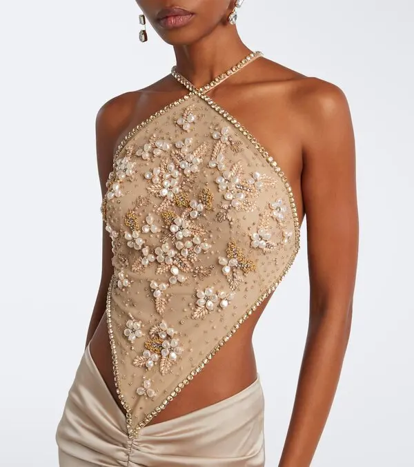 GEORGES HOBEIKA Embellished Gathered Open-back Satin Gown