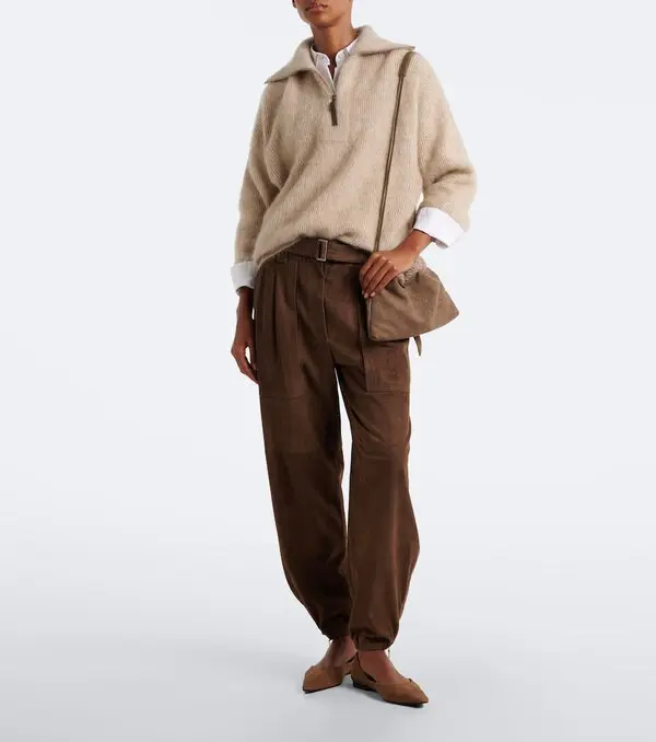 Brunello Cucinelli Belted Suede Tapered Pants