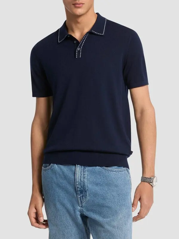 Michael Kors Running-stitch Merino Wool Regular-fit Polo Shirt - Midnight