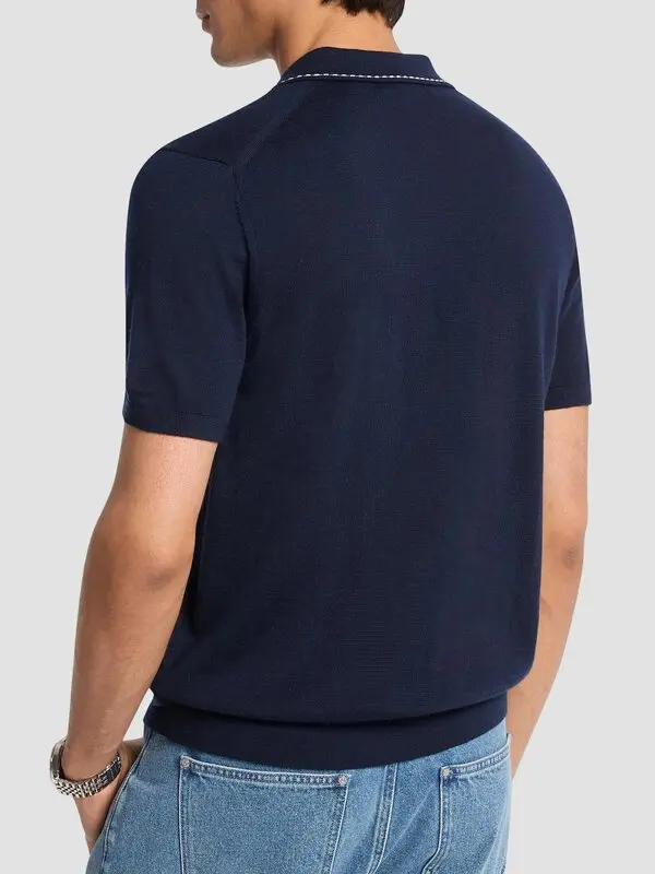 Michael Kors Running-stitch Merino Wool Regular-fit Polo Shirt - Midnight