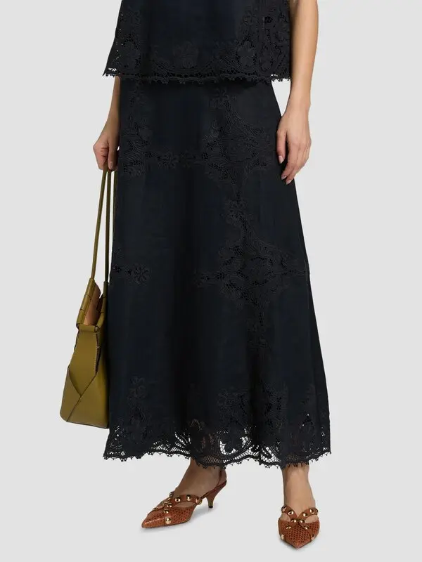 Ulla Johnson Fleur Embroidered Linen Midi Skirt