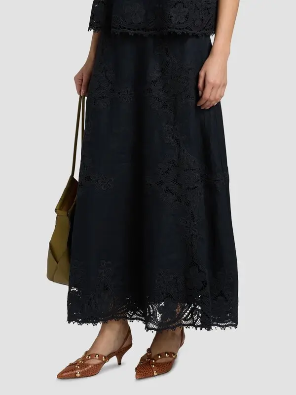 Ulla Johnson Fleur Embroidered Linen Midi Skirt