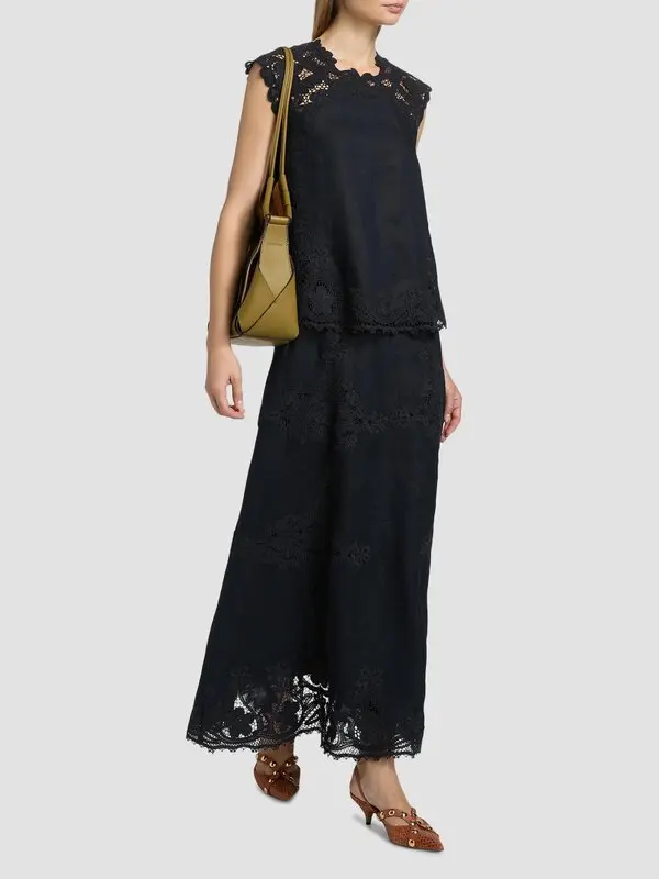 Ulla Johnson Fleur Embroidered Linen Midi Skirt