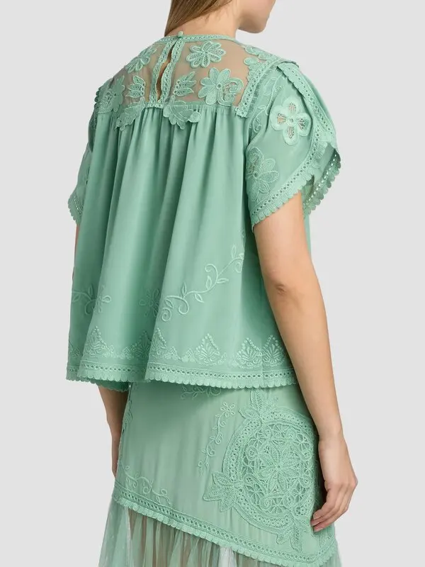 Ulla Johnson Florence Embroidered Floral Silk Tulle Top